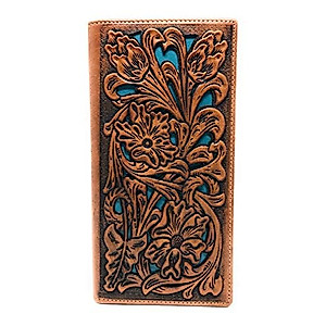 Western Genuine Leather Tooled Laser Cut Men's Long Bifold Wallet in 3 colors (Brown/Turq) Brown/Turquoise