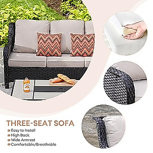 XIZZI Outdoor Wicker Furniture Patio Set 6 Pieces Backyard Furniture Brown Rattan Conversation Sets with 50,000 BTU Propane Fire Pit Table,Swivel Chairs,Rattan Sofa,Loveseat and Side Table,Beige