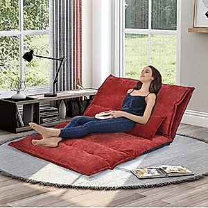 SYING88 Lazy Floor Sofa Adjustable Folding Futon Sofa Video Gaming Sofa with Two Pillows，Sleeper Bed Couch for Adults，for Bedroom Living Room Reading Gaming Small Spaces Apartment (Red)