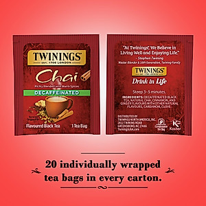 Twinings Decaffeinated Chai Tea, Black Tea Blend with Cinnamon, Ginger, Cardamon, Cloves for a Sweet and Spicy Flavor, 20 Count