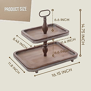 FESTWIND Farmhouse Wooden Rectangle Tiered Tray for Countertop, Small Beaded Tiered Tray Stand for Holidays, Two Tiered Tray Distressed Brown