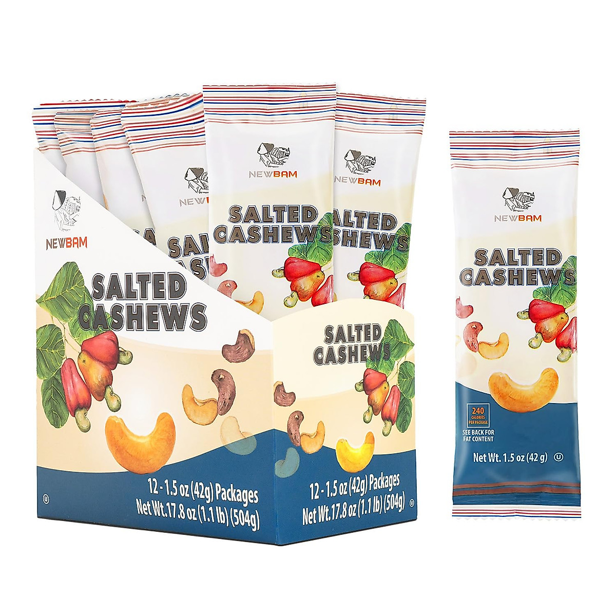 NEWBAM Lightly Salted Cashews Individual Packs - 12 Cashew Snack Packs Roasted Nuts (1.5oz Each) – Keto, Vegan, Gluten-Free - Healthy Snacks for Trail Mix, Office, or Party - Zero Sugar