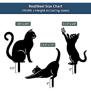 RealSteel Garden Cat Art 3 Pack - Outdoor Yard Decor - American-Made Metal & Weather-Resistant Powder Coating - Mother Cat & 2 Kittens (Black)