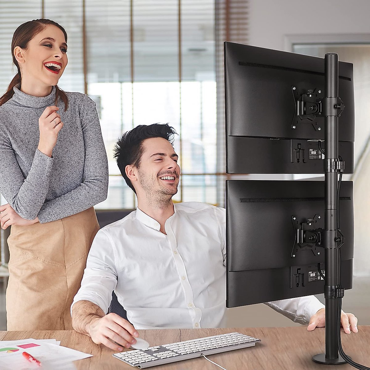 HUANUO Vertical Dual Monitor Mount, Stacked Monitor Stand for 2 Monitors with Height Adjustment Computer Monitor Arm Supports Two 17 to 32 Inch with C Clamp Each Monitor Desk Mount Hold up to 17.6lbs
