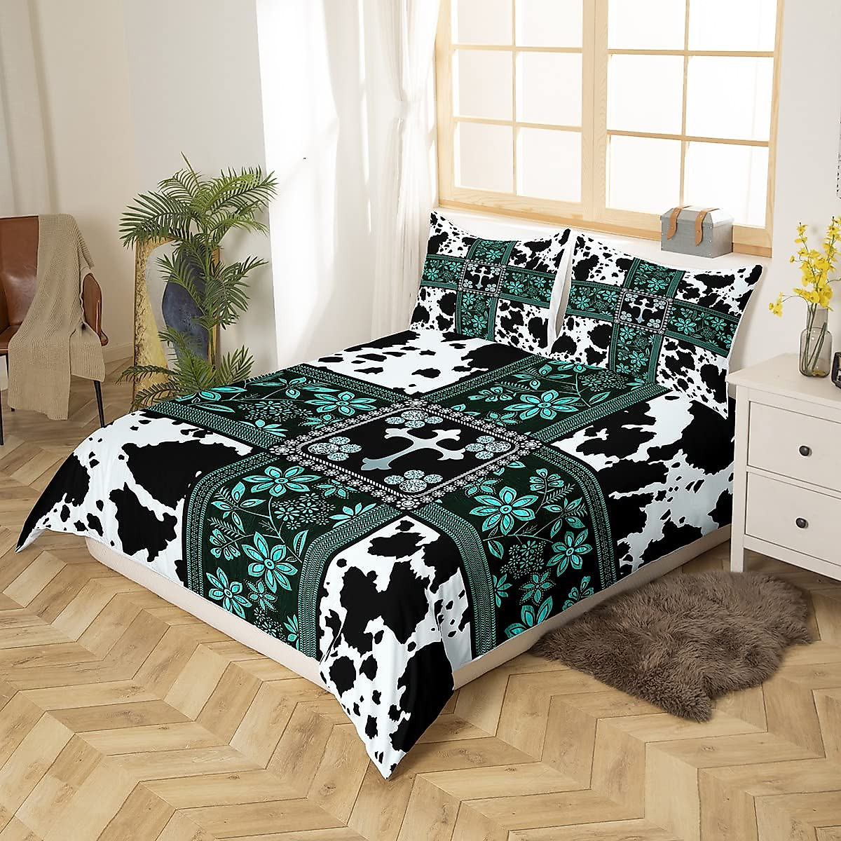 Erosebridal Cow Print Bedding Queen Floral Turquoise Decor Comforter Cover Western Cow Decor Duvet Cover Vintage Farmhouse Style Bedding Set Rustic Milk Cow Print Bedspread Cover,Black Green 3Pcs
