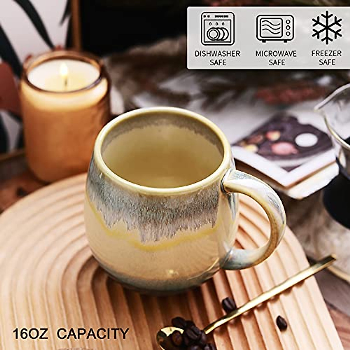 Large Coffee Mugs 16 oz for Men/Women, Vivimme Coffee Mug Set with Spoons, 2-Pack Ceramic Tea Mug for Soup, Hot Cocoa, Funny Tea Cups for Office and Home, Coffee Mugs for Couples, Engagement Gifts