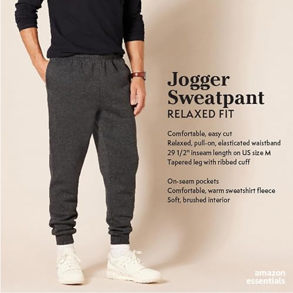 Amazon Essentials Men's Joggers Sweatpants, Fleece, Black, Small, Comfortable Fit