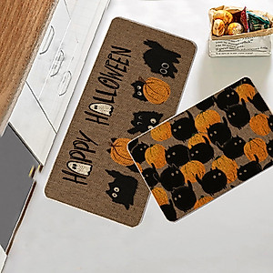 GAGEC Halloween Kitchen Mat Set of 2, Black Cat Pumpkins Kitchen Rug, Halloween Farmhouse Party Floor Mat for Home Kitchen Decorations - 17x27 and 17x47 Inch