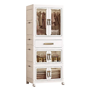 XIMSPHY Portable Kids Wardrobe, Plastic Closet Organizer with Hanging Rod, Collapsible Children's Armoire Storage Cabinet for Bedroom, Easy to Install (White, Large)