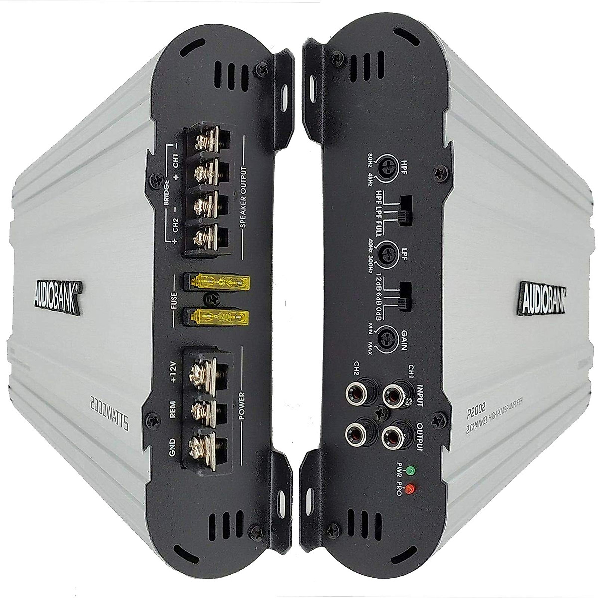 Audiobank 2 Channels 2000 WATTS Bridgedable Car Audio Stereo Amplifier P2002 Heavy-Duty Aluminum Alloy Heatsink | Class A-B Operation Remote On/Off Circuit