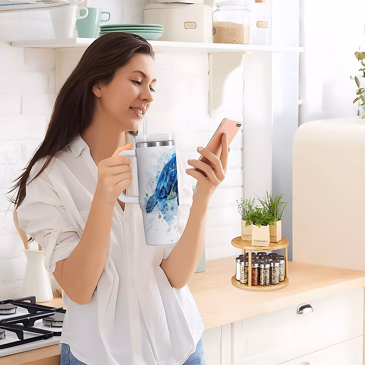 ALAZA Sea Turtle Watercolor 40 oz Tumbler Stainless Steel Water Bottle Vacuum Insulated Cup with Straw Lid & Handle For Travel Car Cup Holder