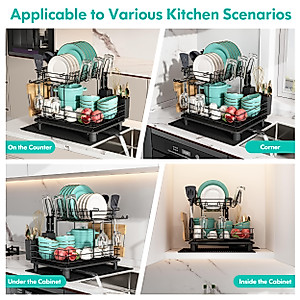 MAJALiS Kitchen Dish Drying Rack, 2 Tier Dish Drainer for Kitchen Counter, Stainless Steel Dish Strainer with Drain Board, for Dishes, Bowls, Cups, Knives, Forks, Cutting-Board, Spatula,Black