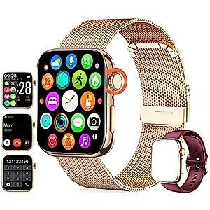 Smart Watch Answer Make Phone Calls /Voice Control for Android Phones Compatible iPhone Samsung IP67 Waterproof Fitness Watch with Blood Pressure SpO2 Heart Rate 28 Sports Fit for Women Men (Gold)