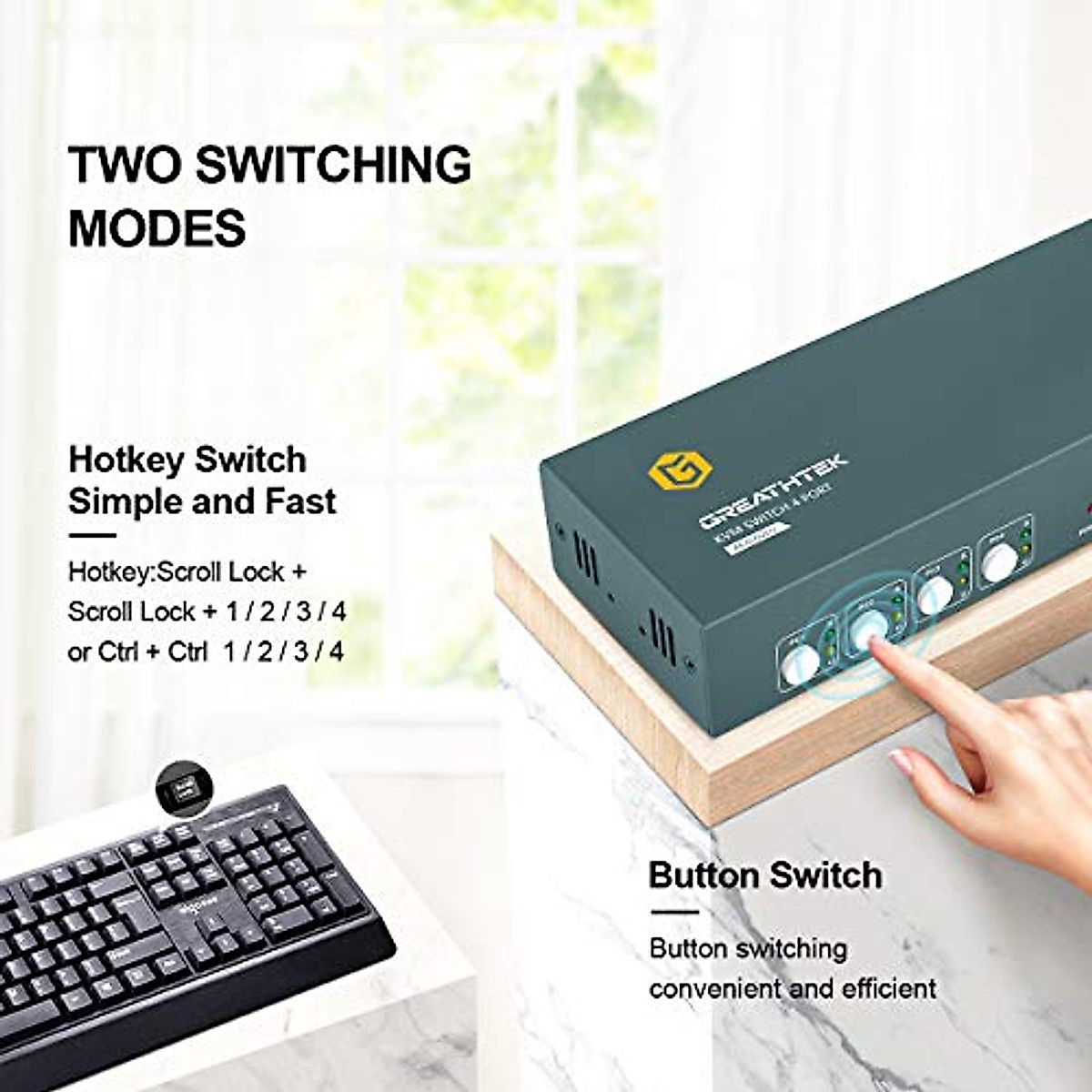 GREATHTEK KVM Switch HDMI Dual Monitor Extended Display 4 Port,USB2.0, Hotkey Switch, UHD 4K@60Hz Resolution YUV4:4:4 Downward Compatible, 4 in 2 Out, with All Needed Cables