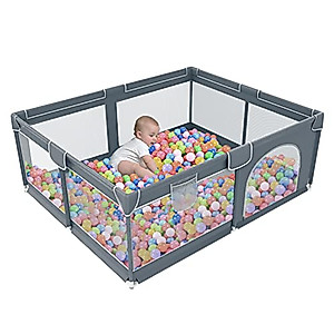 Baby Playpen, Large Play Pens for Babies and Toddlers, Portable Play Yard for Baby Fence Play Area Playyards, Indoor & Outdoor Kids Activity Center with Soft Breathable Mesh (Dark Gray, 59” × 71”)