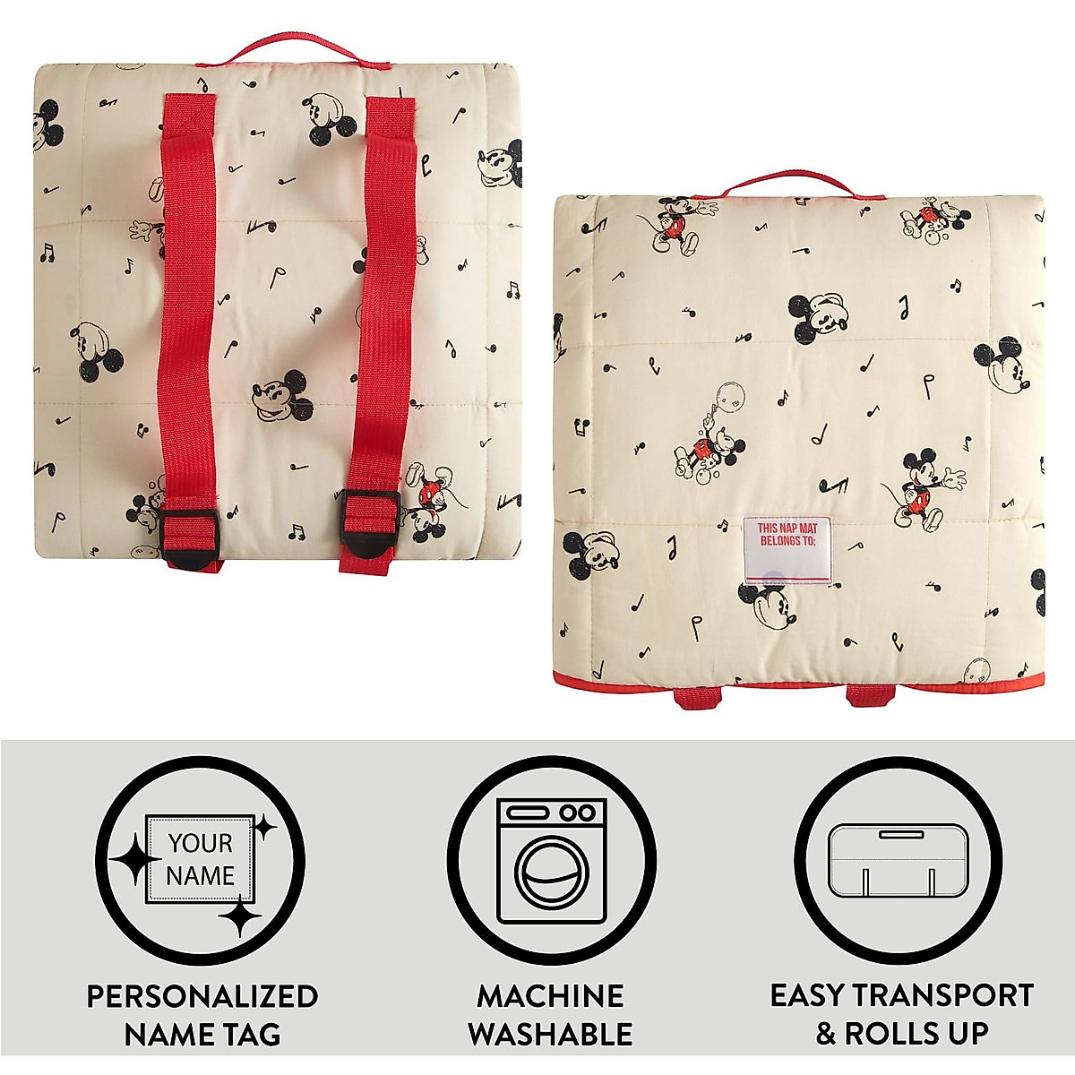 Disney Mickey Mouse 3-in-1 Travel Slumber Nap Mat with Built in Pillow, Plush Blanket and Carry Backpack Straps, 46"x26" Mat, Ages 3+