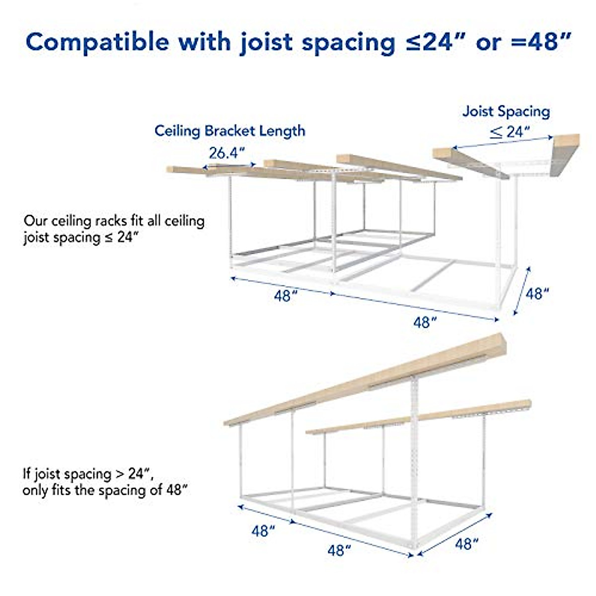 FLEXIMOUNTS 4x8 Overhead Garage Storage Rack without Decking,Garage Storage Organization Systerm,Heavy Duty Metal Garage Ceiling Storage Racks,600lbs Weight Capacity,White