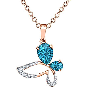 JewelsCart 1.50 CT Pear Shape Gemstone 14K Rose Gold Over Butterfly Pendant Necklace For Women's