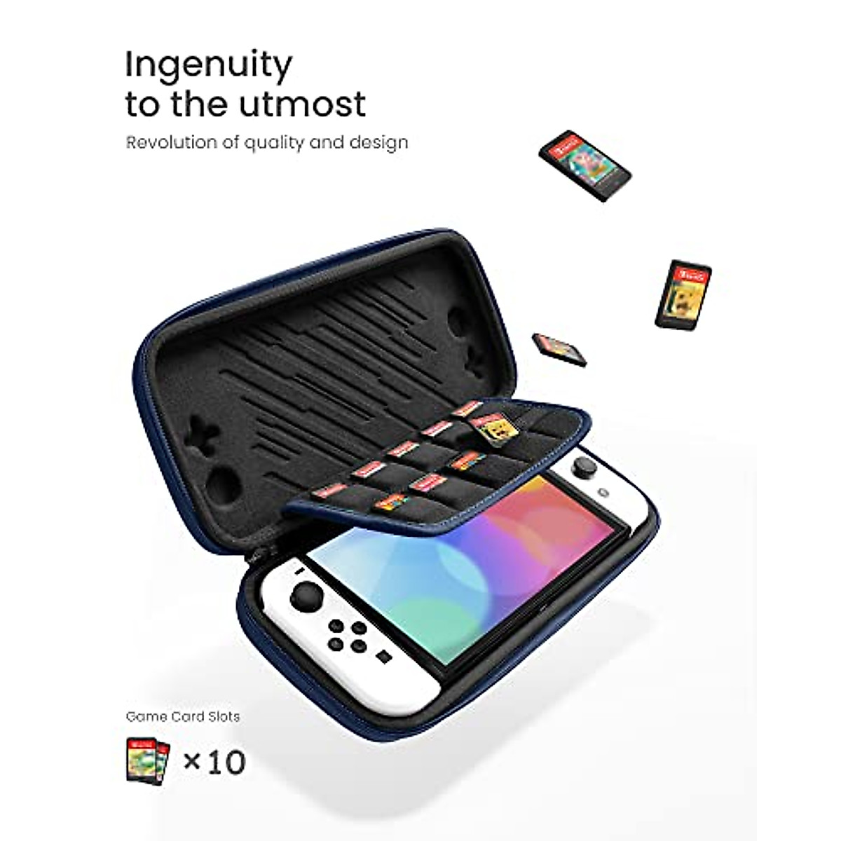 tomtoc Slim Carrying Case for Nintendo Switch / OLED Model, Protective Switch Sleeve with 10 Game Cartridges, Hard Portable Travel Case, with Original Patent and Military Grade Protection, Ink Blue