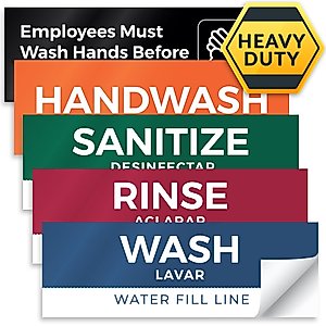 5 Pack Wash Rinse Sanitize Sink Labels, Waterproof Sticker Signs, 3 Compartment Sink Labels - Restaurant Supplies, Food Truck Supplies, Dishwashing Sign Wash Station
