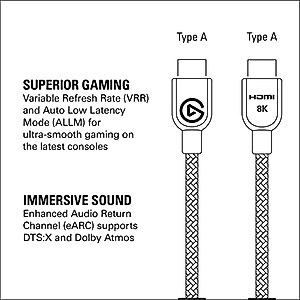 Elgato Ultra High Speed HDMI Cable – Certified HDMI 2.1, 48 Gbit/s, Supports 8K@60Hz, 4K@120Hz, Dynamic HDR, eARC, Dolby Atmos, Compatible with HD60 X, Sony PS4/PS5, Xbox Series X/S etc, 6.5ft