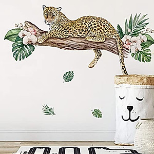 Yovkky Cheetah Leopard Wall Decals Stickers, Safari Jaguar Trunk Palm Leaves Home Bedroom Decor, Wild Jungle African Animal Tropical Flower Living Room Kitchen Decorations Art