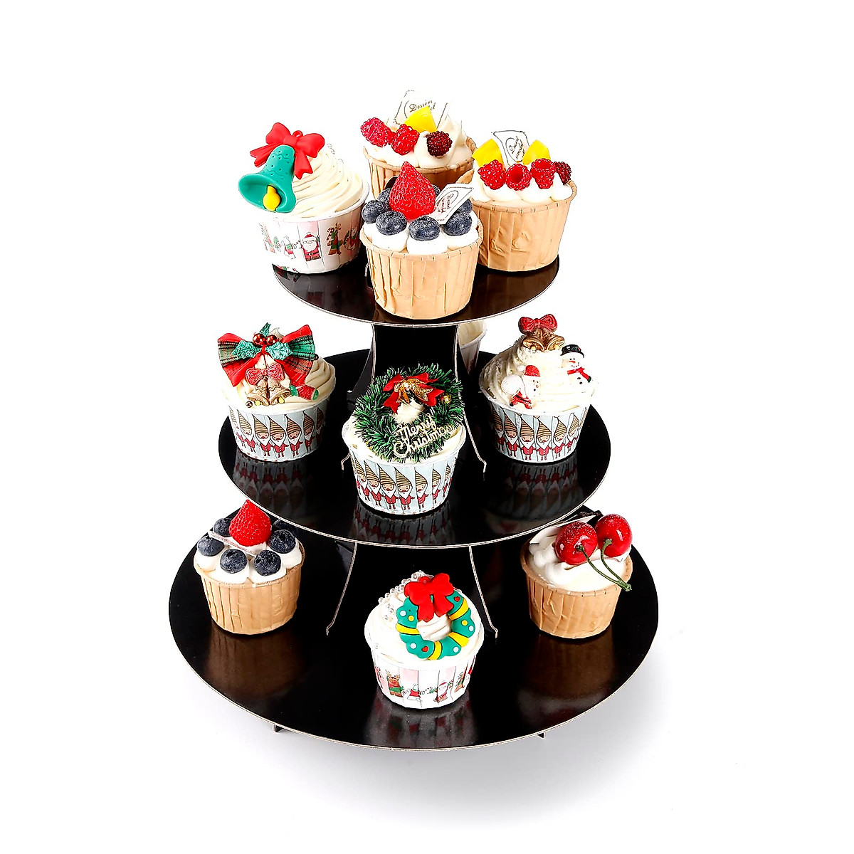YLDW 3-Tier Cupcake Stand, Cake Stand holder, Tiered DIY Cupcake Stand Tower for Dessert Table Displays, Birthday Theme Party Favors Decoration, Floral Tea Party, 12" W x 12.8" H, Black