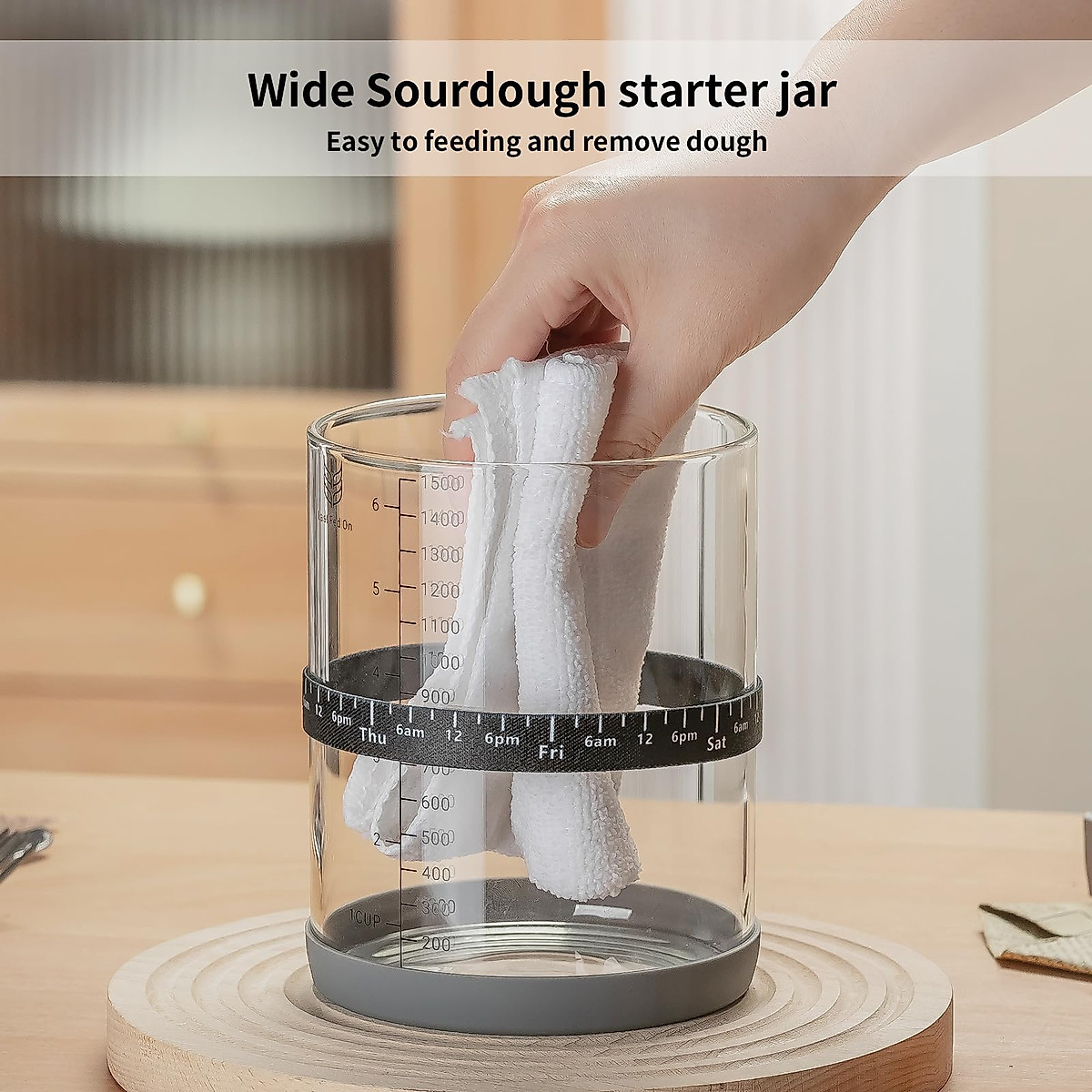 Sourdough Starter Jar,50oz Wide-Mouth with Non-slip silicone rubber Bottom Sourdough Starter Kit,Date Marked Feeding Band, Thermometer, Cloth Cover & Bamboo Lid, Reusable Sourdough Bread Baking