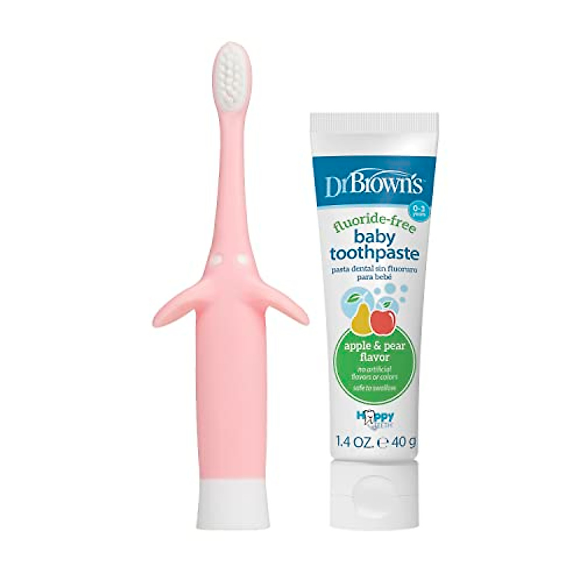 Dr. Brown’s Infant-to-Toddler Training Toothbrush Set, Pink Elephant with Fluoride-Free Apple Pear Baby Toothpaste, 0-3 years