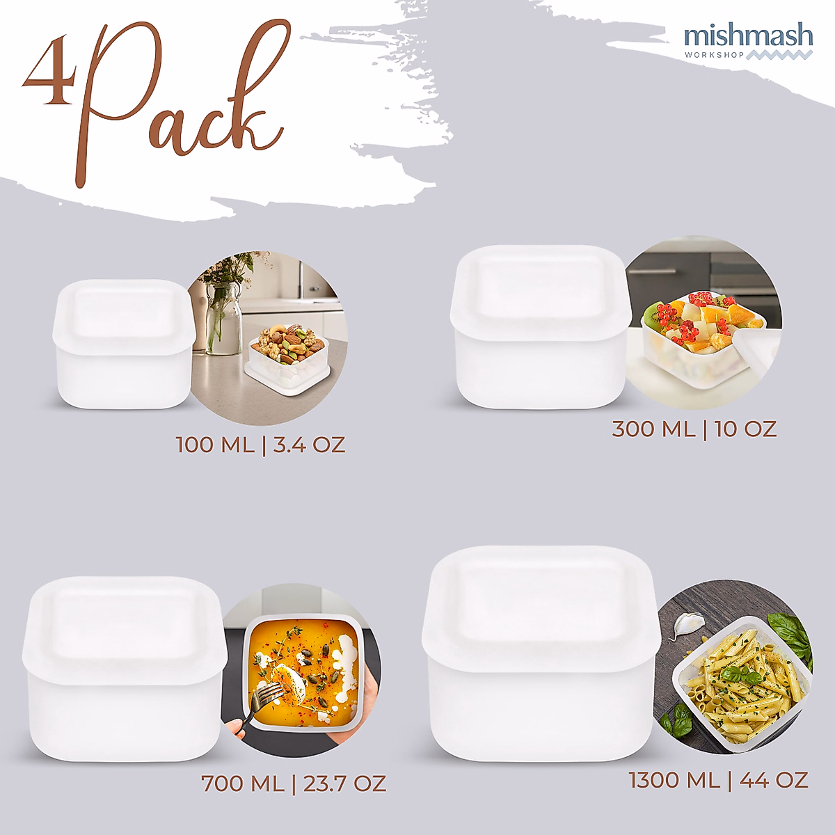 4 Pack Clear Nesting Silicone Food Storage Containers with Lids, Eco-Friendly, Reusable Silicone Food & Home Storage Containers (44oz, 23.7oz, 10oz, 3.4oz) Airtight/Leak Proof (4 Lids/4 Container Set)