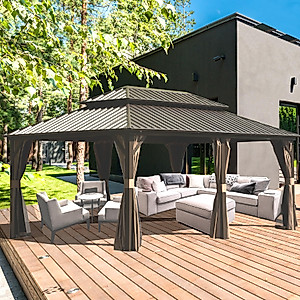 Domi 12' x 18' Hardtop Gazebo Permanent Metal Gazebo with Galvanized Steel Double Roof, Curtains and Netting for Party, Wedding, Outdoor Dining, Patio, Backyard, Brown