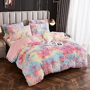 Yaoshuho Plush Fluffy Duvet Cover King Size Luxury Ultra Soft Shaggy Duvet Cover Set Faux Fur Comforter Bedding Set(1 Duvet Cover + 2 Pillow Shams), Rainbow