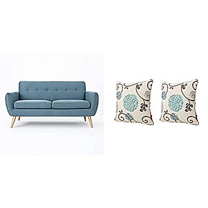 Christopher Knight Home Josephine Mid-Century Modern Petite Fabric Sofa, Blue/Natural & Ippolito Fabric Pillows, 2-Pcs Set, White and Blue Floral