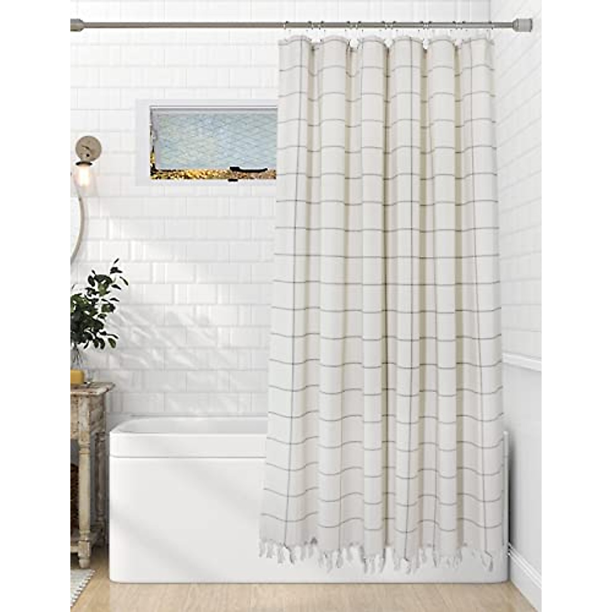 SUMGAR Cotton Shower Curtain Boho Farmhouse Shower Curtains for Bathroom with Tassels & Hooks, White Fabric Grey Checkered Bohemian Fringe Shower Curtain Set, 72" x 72"
