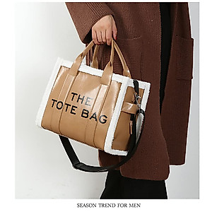 Tote Bag for Women, PU Leather Tote Bag with Lamb Wool, Shoulder Crossbody Bag for Work/Travel (Khaki)