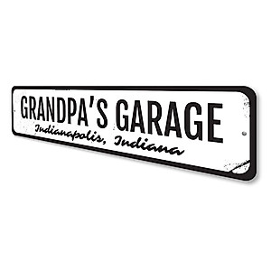 Grandpa's Garage Sign, Garage Location City State Sign, Custom Mechanic Man Cave Aluminum Décor - 6 x 24