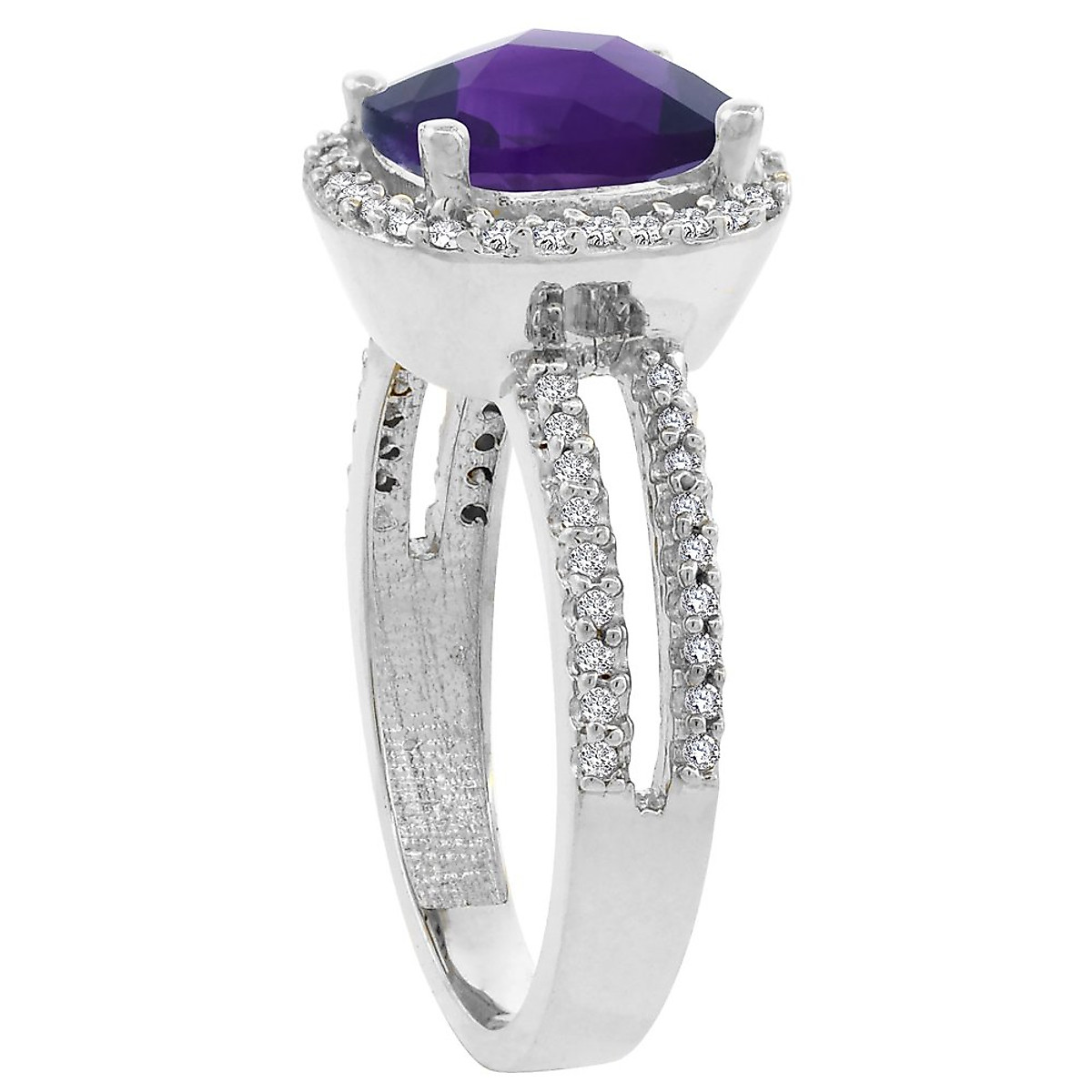 PIERA 14K White Gold Natural Amethyst Ring Cushion-cut 8x8 mm 2-row Diamond Accents, size 7