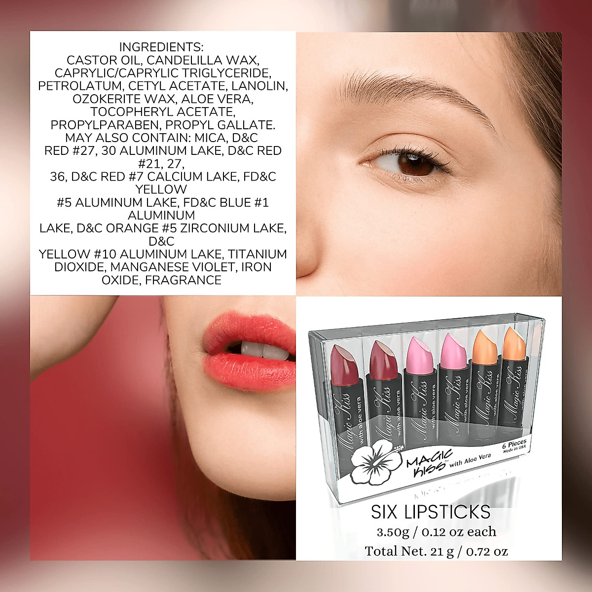 Magic Kiss Color Changing Matte 6 Piece Lipstick Set infused with Aloe Vera Made in USA (Colors of Aloha 3)