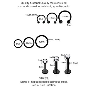 Ovxznts 24Pcs Assorted Size 16G Lip Rings for Women Men Surgical Steel Medusa Piercing Jewelry Labret Studs CZ Diamond Opal Daith Tragus Forward Helix Earrings Septum Rings Black