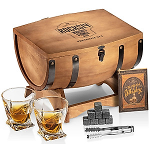 ROCKSLY Whiskey Stones Gift Set for Men in Whiskey Half Barrel Gift Box | 8 Whiskey Rocks, 2 Whiskey Glasses in a Whiskey Box Gift Set | Granite Bourbon Stones | Whiskey Kit for Men: Dad, Boyfriend