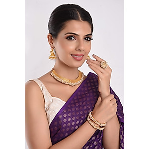 Efulgenz Indian Jewelry Sets for Women Gold Tone Pearl Choker Necklace Indian Bollywood Faux Pearl Beads Bridal Choker Necklace Earrings Bracelet Bangles Ring Jewelry Set