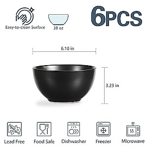 ONEMORE Cereal Bowls Set of 6, 28 oz Large Soup Bowls for Kitchen 6 inch Ceramic Salad Bowls Microwave Dishwasher Safe Deep Serving Bowl Set for Salad Dessert Rice, Black