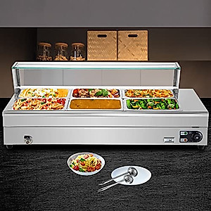 110V Electric Countertop Food Warmer - 6 Pan x 1/2 GN, Commercial Food Steam Table with 6-Inch Deep Pans, Food Grade Stainless Steel, 1500W, 66 Quart Capacity, Tempered Glass Shield