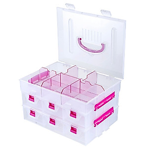 MyGift 11 Inch Clear Arts and Crafts Stackable Container, Sewing Supplies Storage Organizer Case with Pink Accents, 24 Customizable Compartments, and 6 Drawers with Removable Dividers