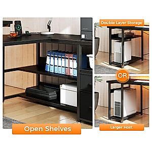 ODK L Shaped Gaming Desk with File Drawers, Reversible Computer Desk with Power Outlets & LED Lights, Home Office Desk with Storage Shelves, 61 Inch Bedroom Corner Desk with Monitor Stand, Black