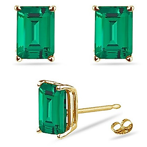 Lab Created Emerald Cut Emerald Stud Earrings in 14K Yellow Gold Availabe in 5x3mm - 9x7mm (9x7mm - 4.10-4.90 Cts)