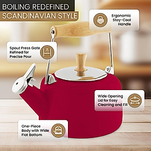 Chantal SVEN Enamel on Steel Whistling Teakettle with Natural Wood handle, 1.4 quarts, Apple Red