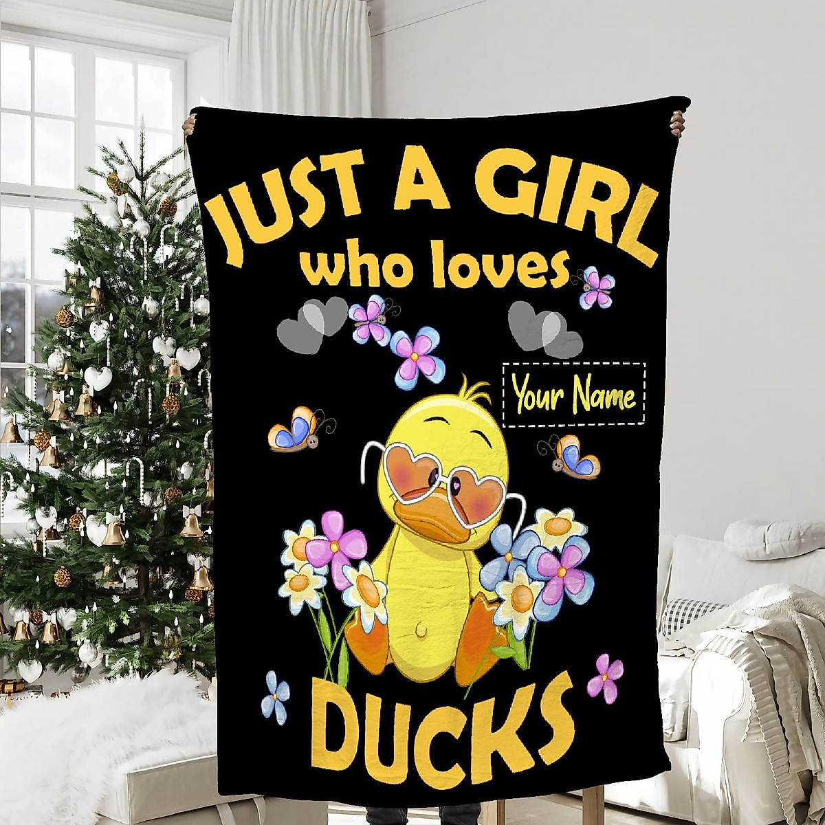 Just A Girl Who Loves Ducks Personalized Blanket Cute Duck Custom Name Throw Blankets Gifts for Girl Boys Flannel Fleece Cartoon Kawaii Animal Customized Blankets for Kids Lap Chair Bed 50x40In