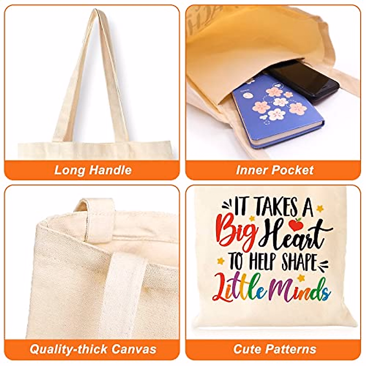 Vansolinne 3 Pack Teacher Tote Bags for Women 15''x16'' Multi-purpose Canvas Tote Bags with Inner Pocket - Back to School First Day of School End of Semester Retirement Teacher Appreciation Gift Ideas