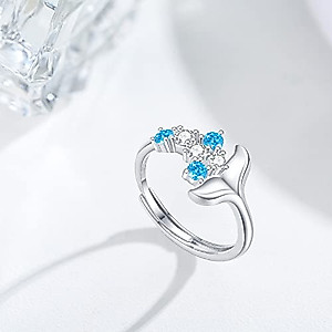 Mermaid Tail Rings Sterling Silver Whale Dolphin Tail Ring Adjustable Wave Ring Blue Mermaid Rings Fishtail Ring with Blue Cubic Zirconia Halloween Mermaid Jewelry Gifts for Women Girls